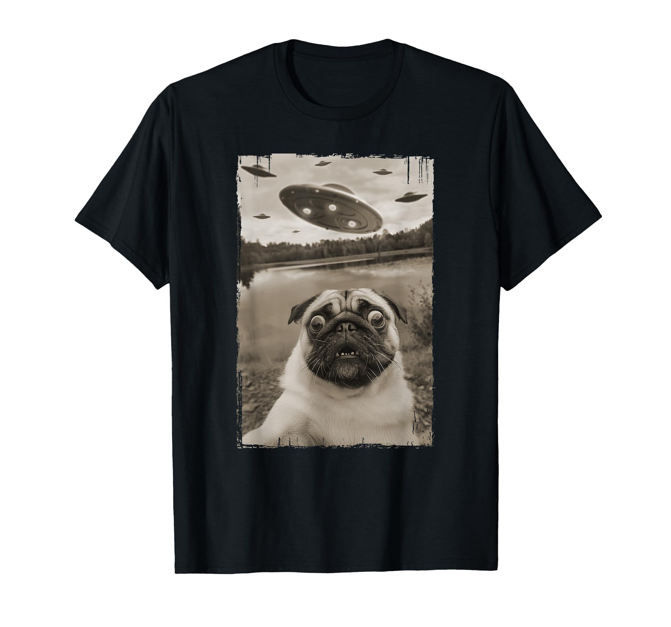 Amazon.com: Vintage Pug UFO Encounters - Funny UFO and Pug Selfie T ...