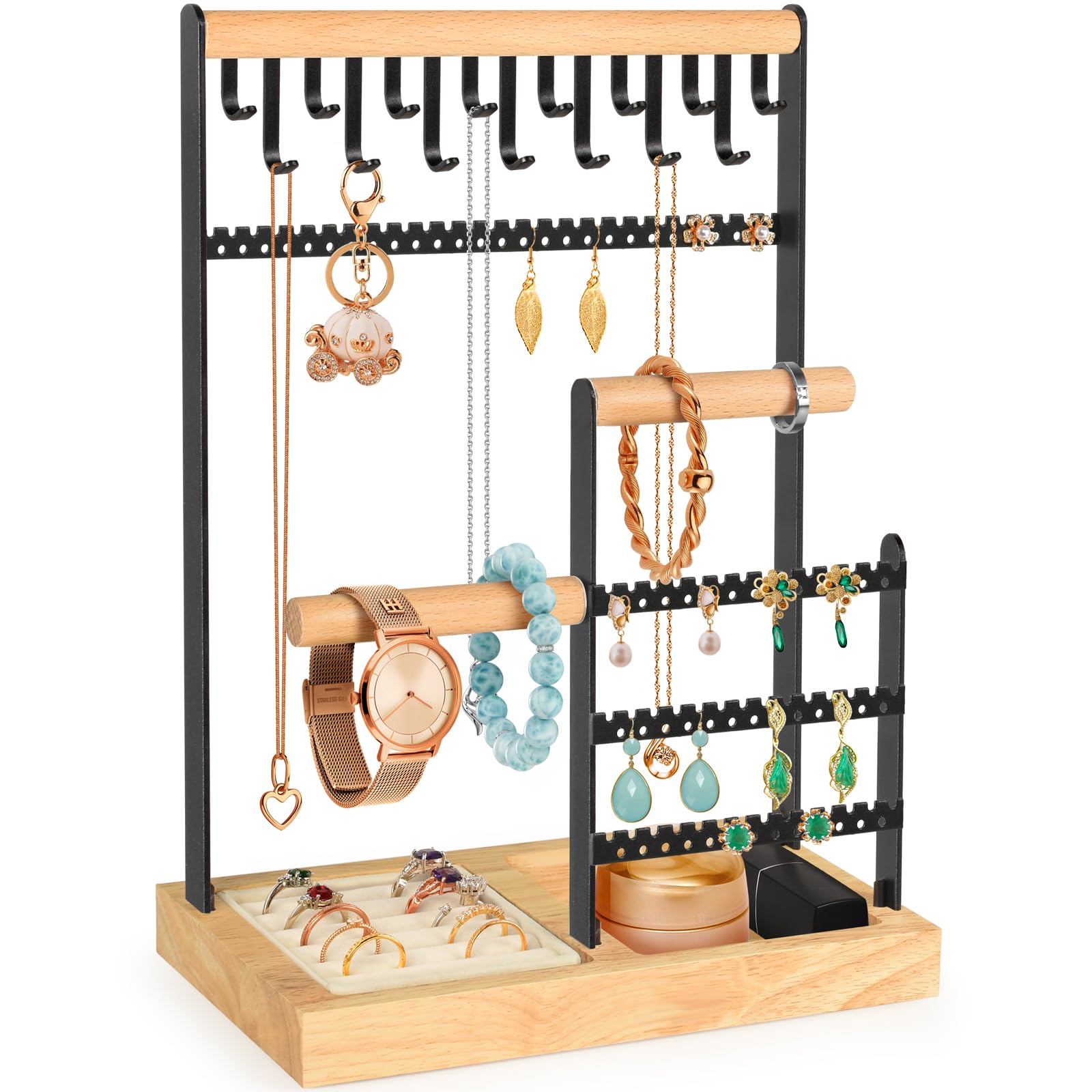 Amazon.com: PAMANO Jewelry Organizer with Velvet Ring Holder 15 hooks ...
