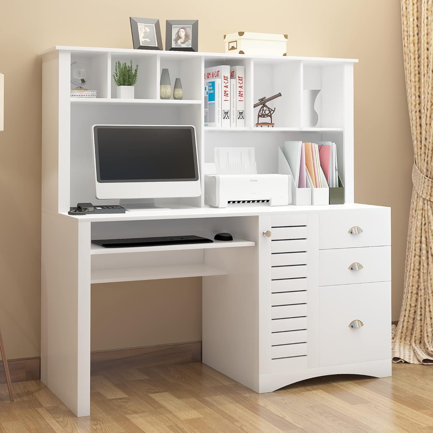 Amazon.com: JOYSOURCE 59" Computer Desk with Hutch, 2-Tier Shelves ...