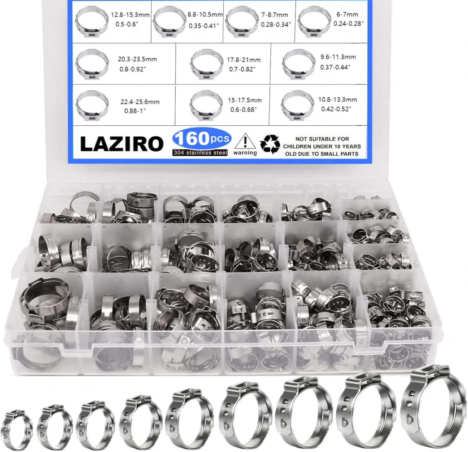 Amazon.com: LAZIRO 160Pcs (6mm-25.6mm)1/4""-1""Single Ear Hose Clamp ...