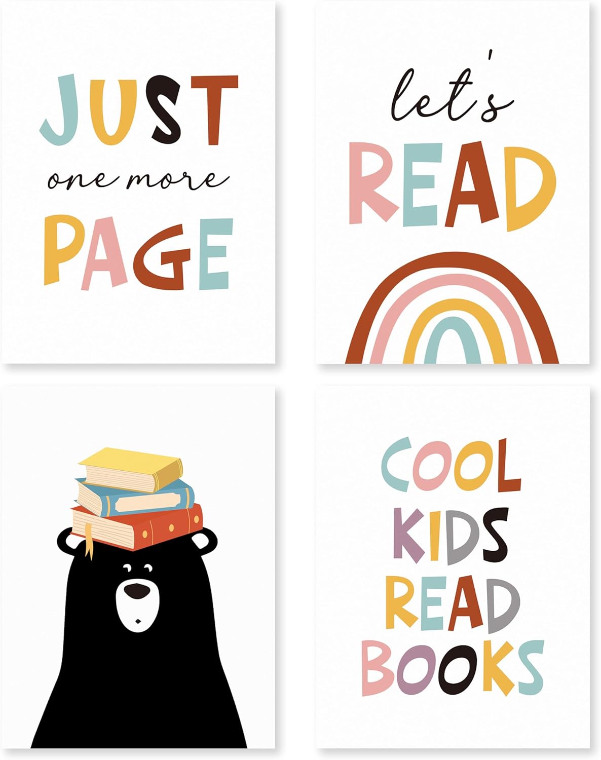 Amazon.com: HRQKO Cool Kids Read Books Wall Art Poster Set of 4, Boho ...