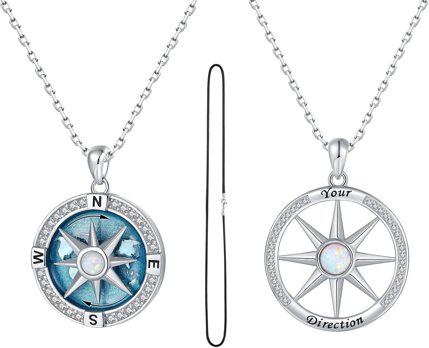WOUOVO Navy-Anchor Travel-Map Rotatable Compass Necklace 925 Sterling ...