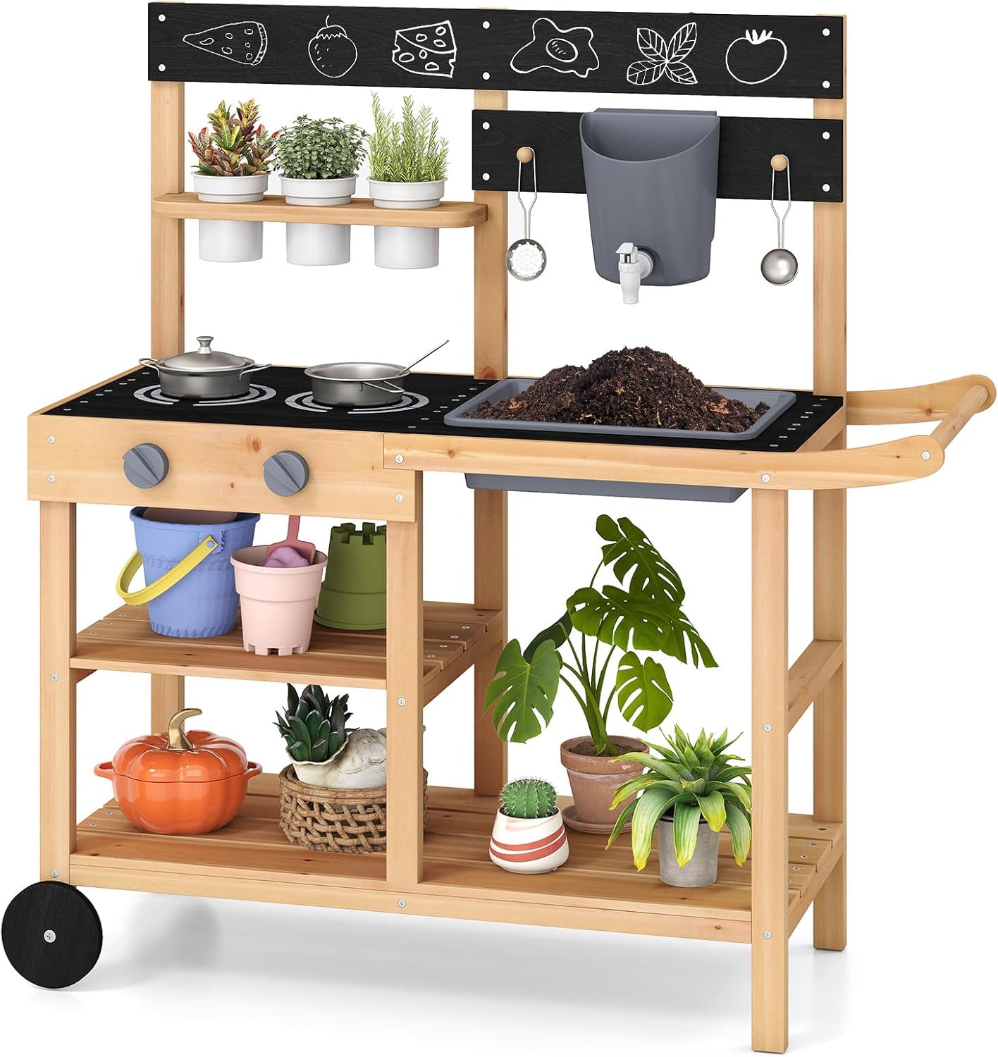 Amazon.com: Costzon Mud Kitchen with Wheels, Wooden Kids Potting Bench ...