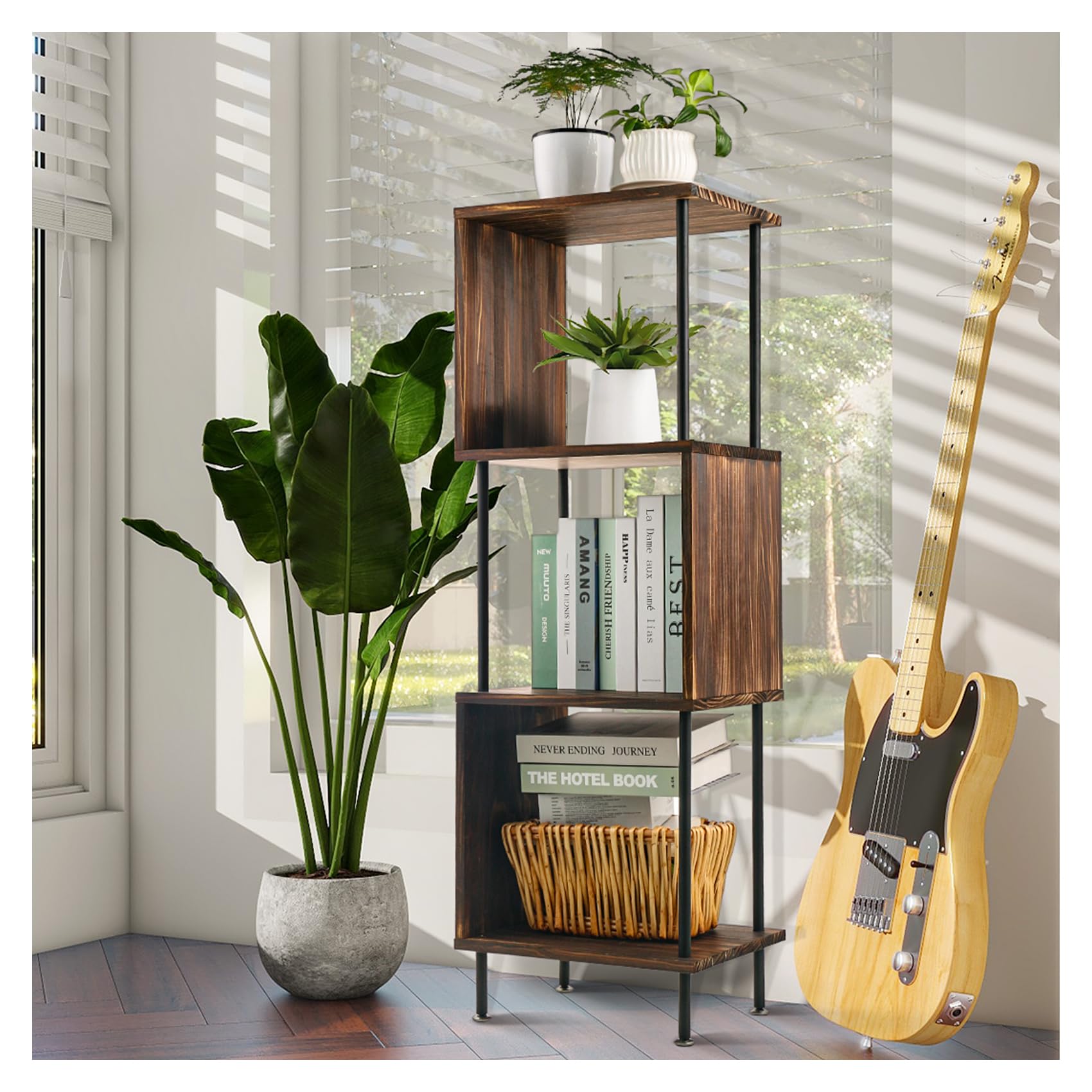 Fumingpal Geometric Bookcase, 4 Tier Couch Side Table Wooden S-Shaped ...