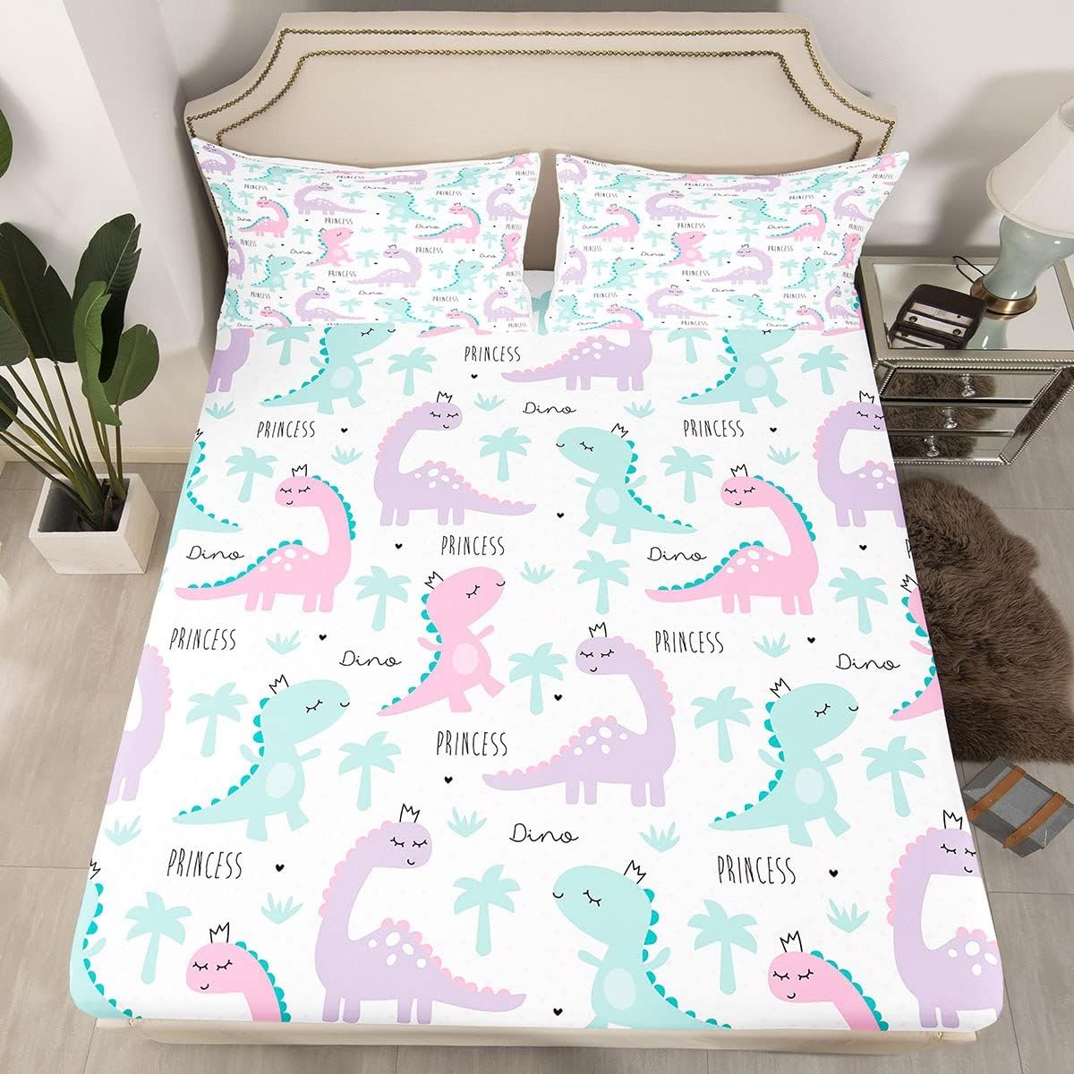 Amazon.com: Dinosaur Fitted Sheet Pink Purple Dinos Bedding Set For ...