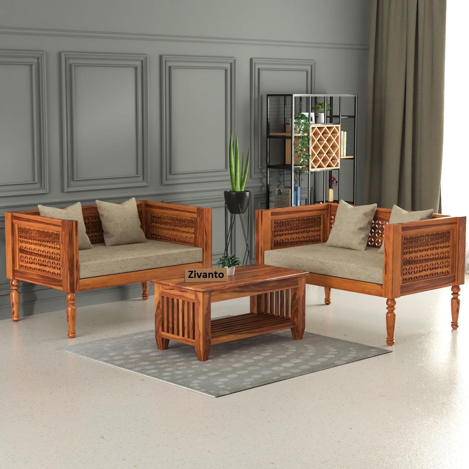 Zivanto Wooden 4 Seater Sofa Set Solid Sheesham Wood