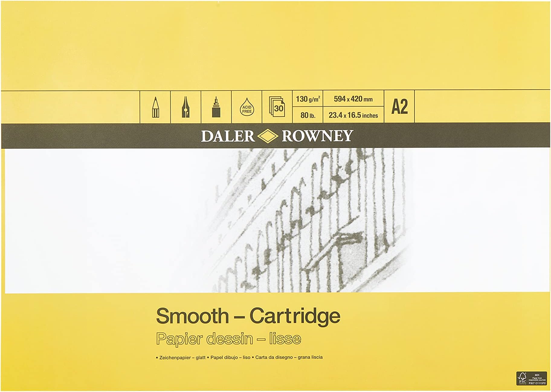 Daler-Rowney Smooth 130gsm A2 Cartridge Drawing Paper, Glued 1 Side ...