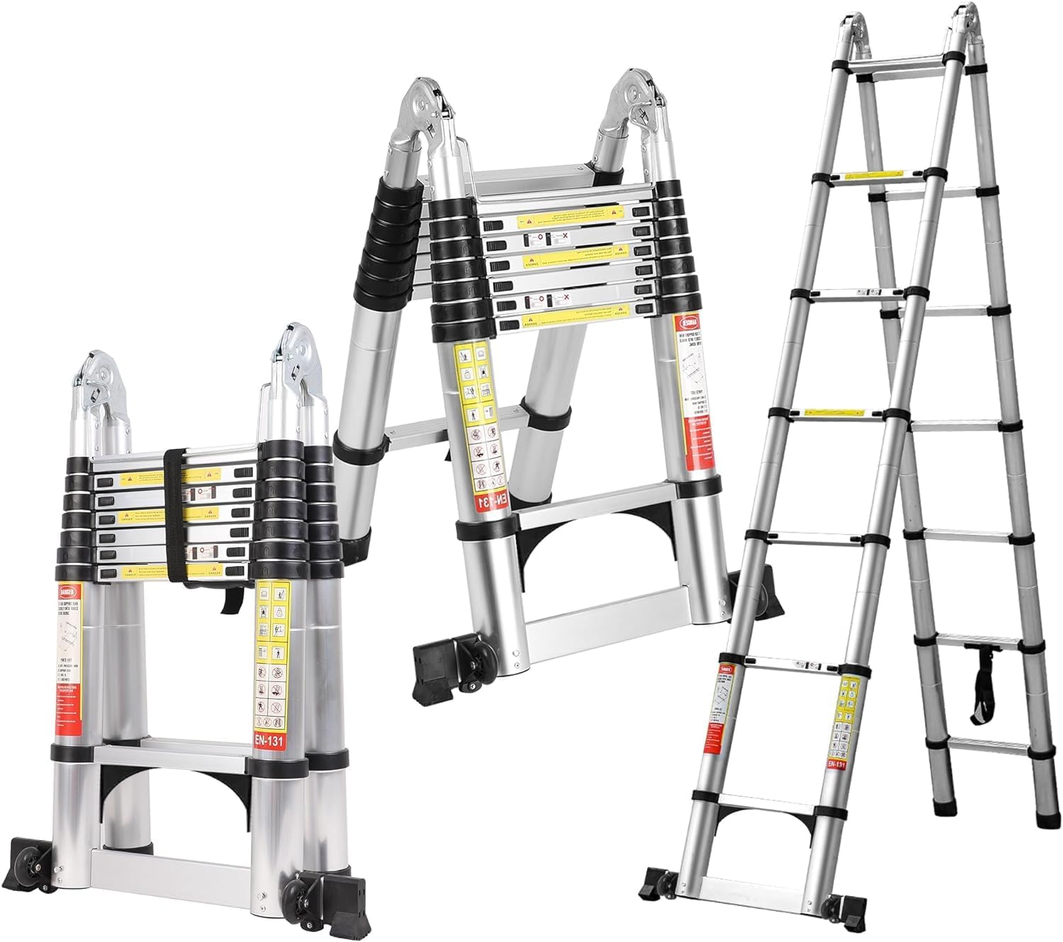 FEETE 16.5FT A Frame Telescoping Ladder, Extension Ladder w/Balance Bar ...