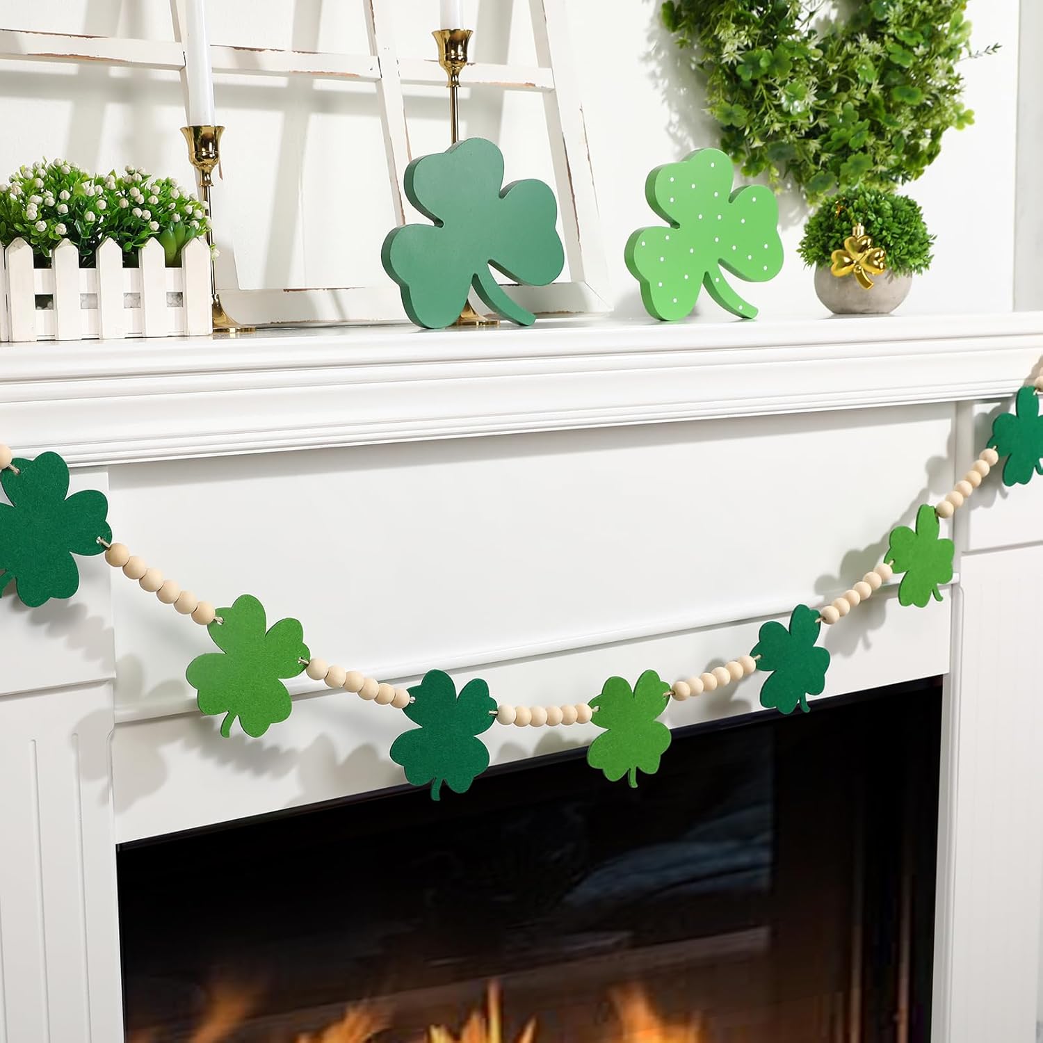 Amazon.com: St Patricks Day Decorations Green Felt Shamrocks Wood Beads ...