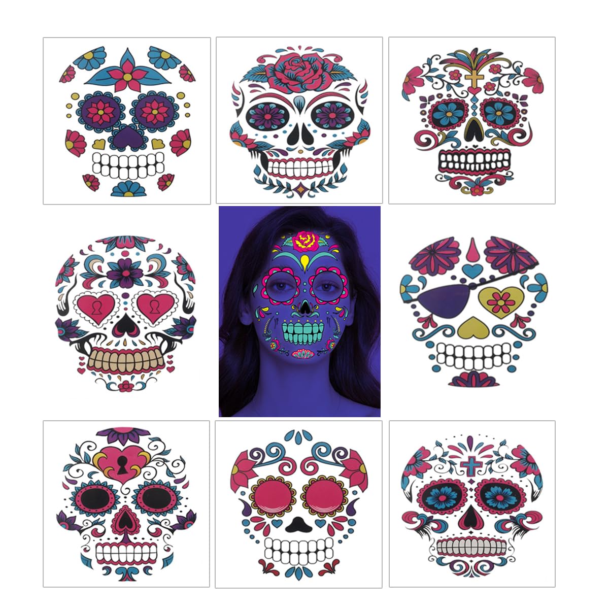 Amazon.com : Aaiffey Day of the Dead Face Tattoos,Sugar Skull Sticker ...