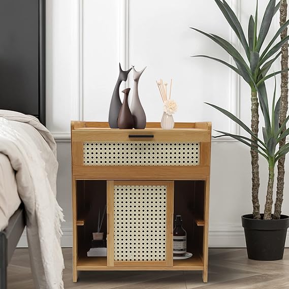 Amazon.com: Bamboo Nightstand with Drawer and Rattan Pattern Sliding ...