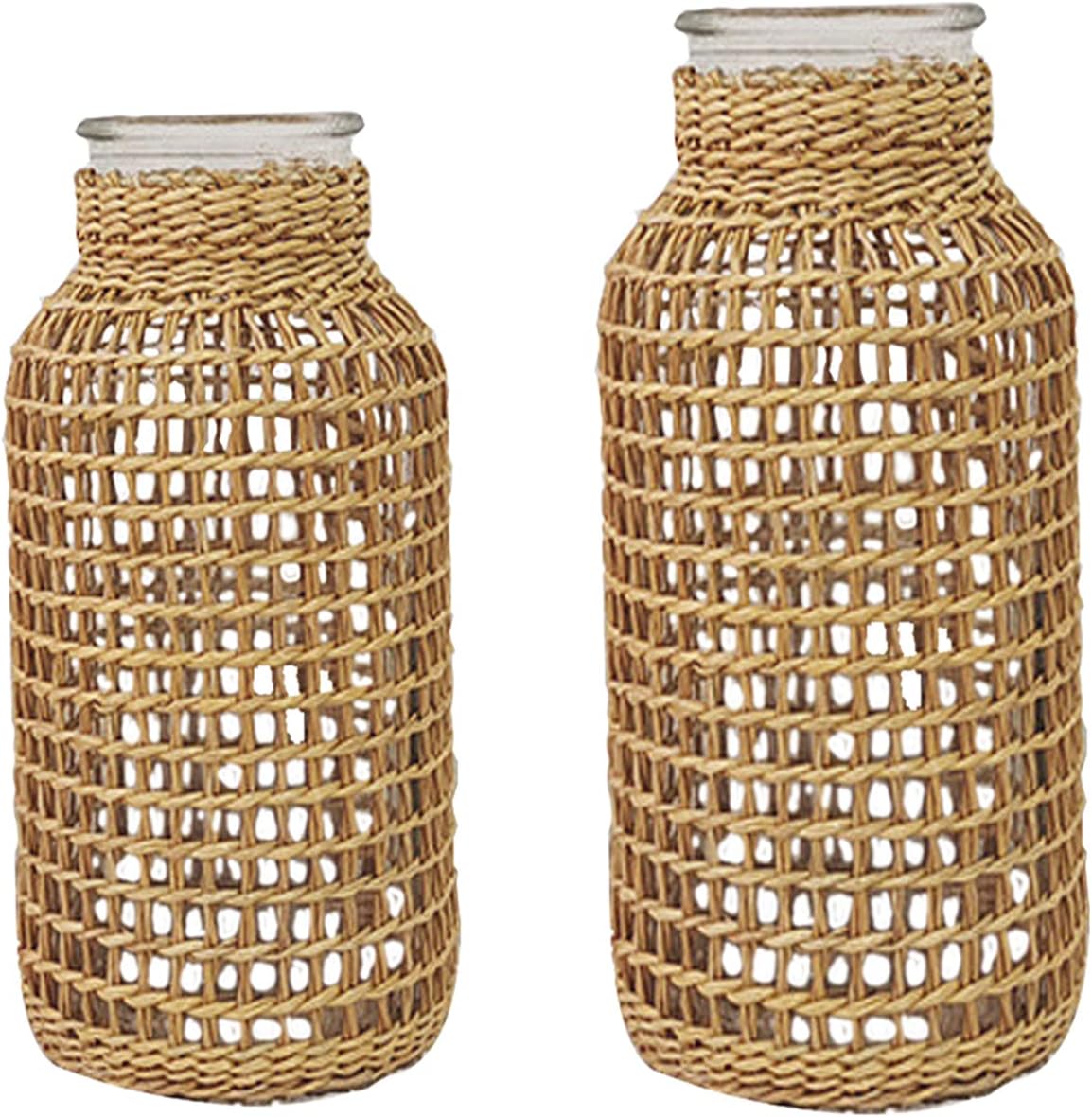 RXMORI 2PCS Rustic Glass Flower Vase,Boho Flower Vase,Rattan Woven ...