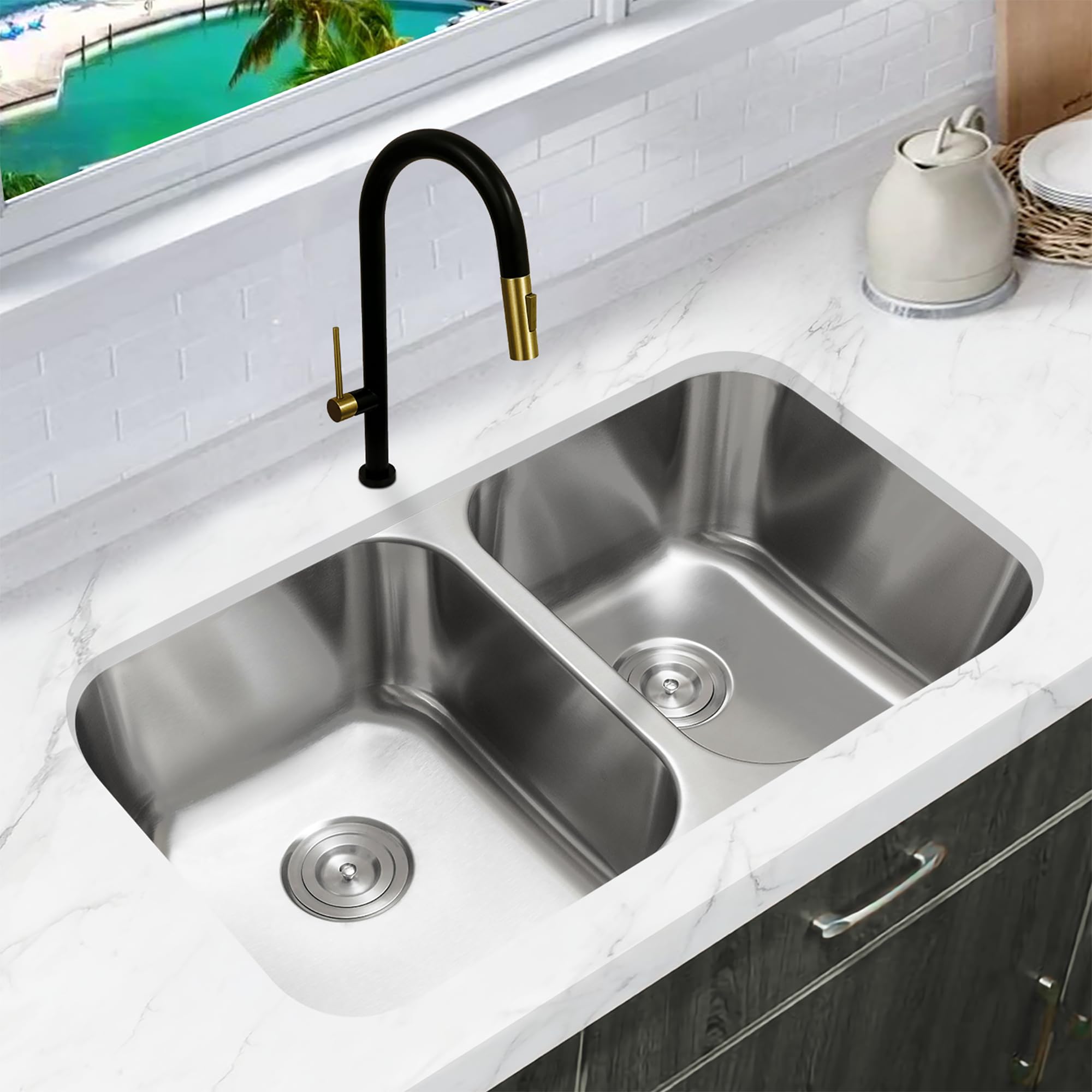 KBFmore 31 Inch Stainless Steel 50/50 Double Equal Bowl Classic Kitchen ...