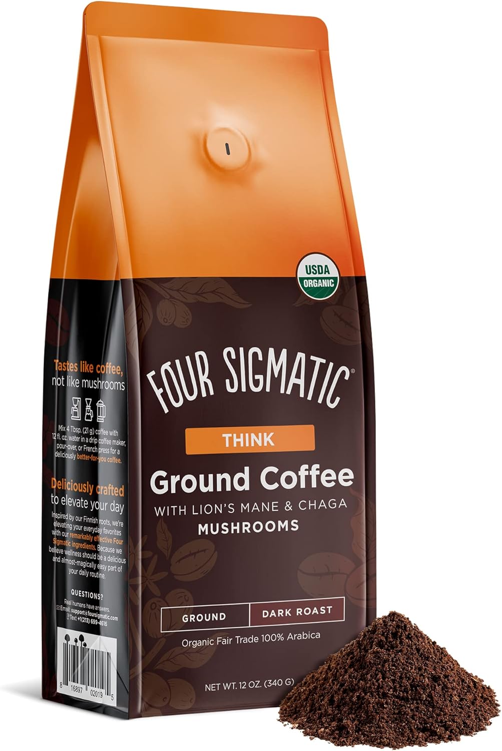 Four Sigmatic Mushroom Ground Coffee with Lion's Mane, Think, Dark ...