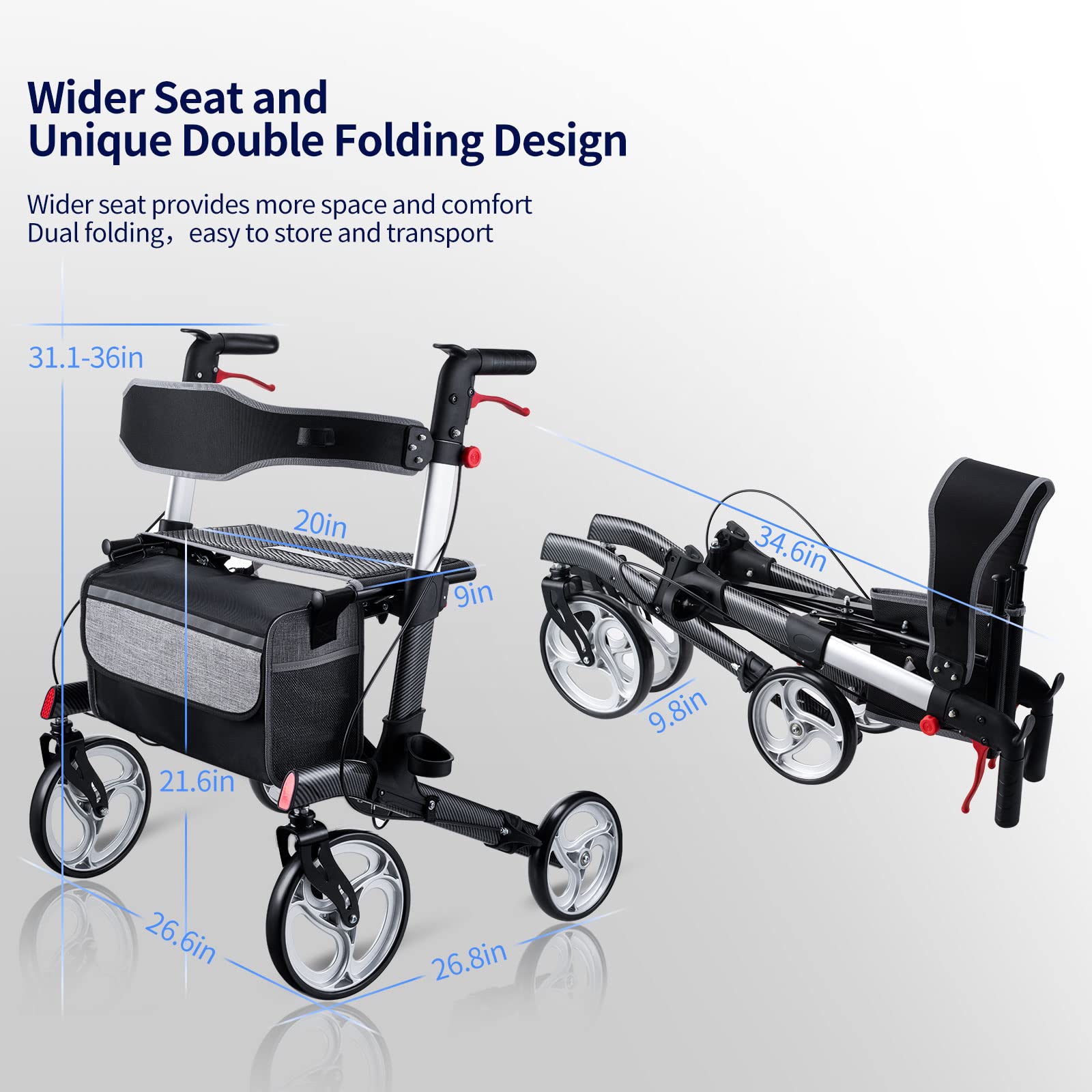 HAMED Heavy Duty Rollator Walker with Extra Wide 20" Seat, Support to ...