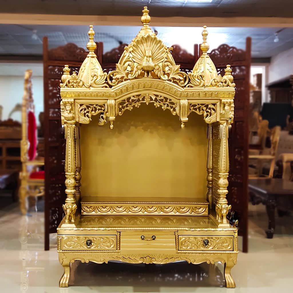 Buy Devyom Gold Finish Temple in Teak wood Wooden Temple/Pooja Mandir ...