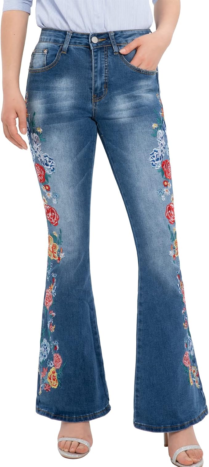 Women's Embroidered Bell Bottom Jeans Stretch Flared Fit Wide Leg Denim ...