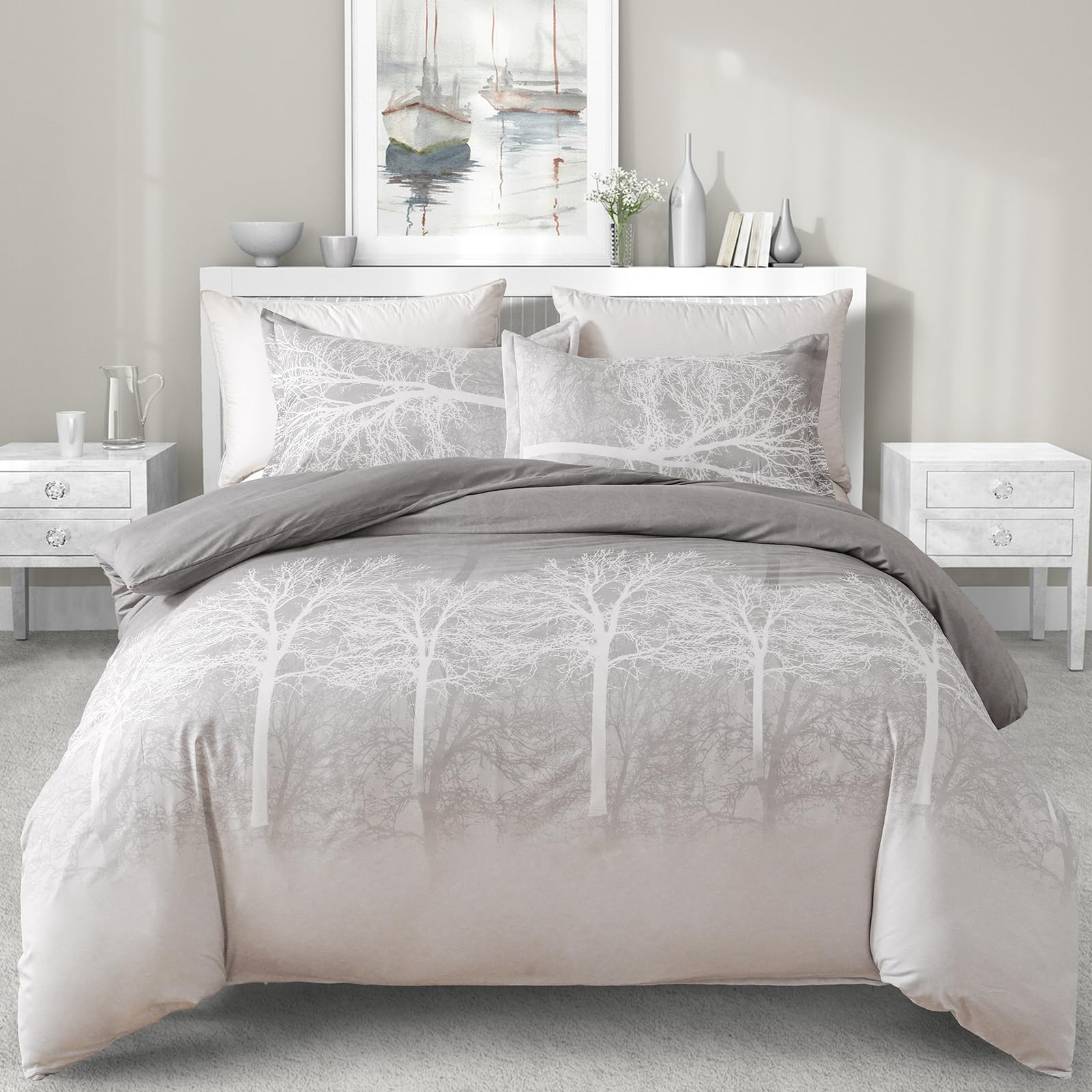 Grey Bedding Set Single Size Floral Branch Duvet Cover Gradient Design ...