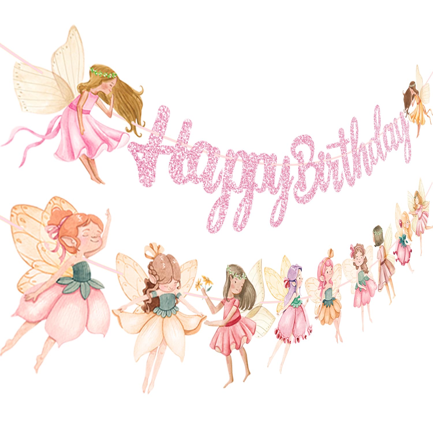Amazon.com: Fairy Birthday Party Banner Glitter Pink Fairies Birthday ...