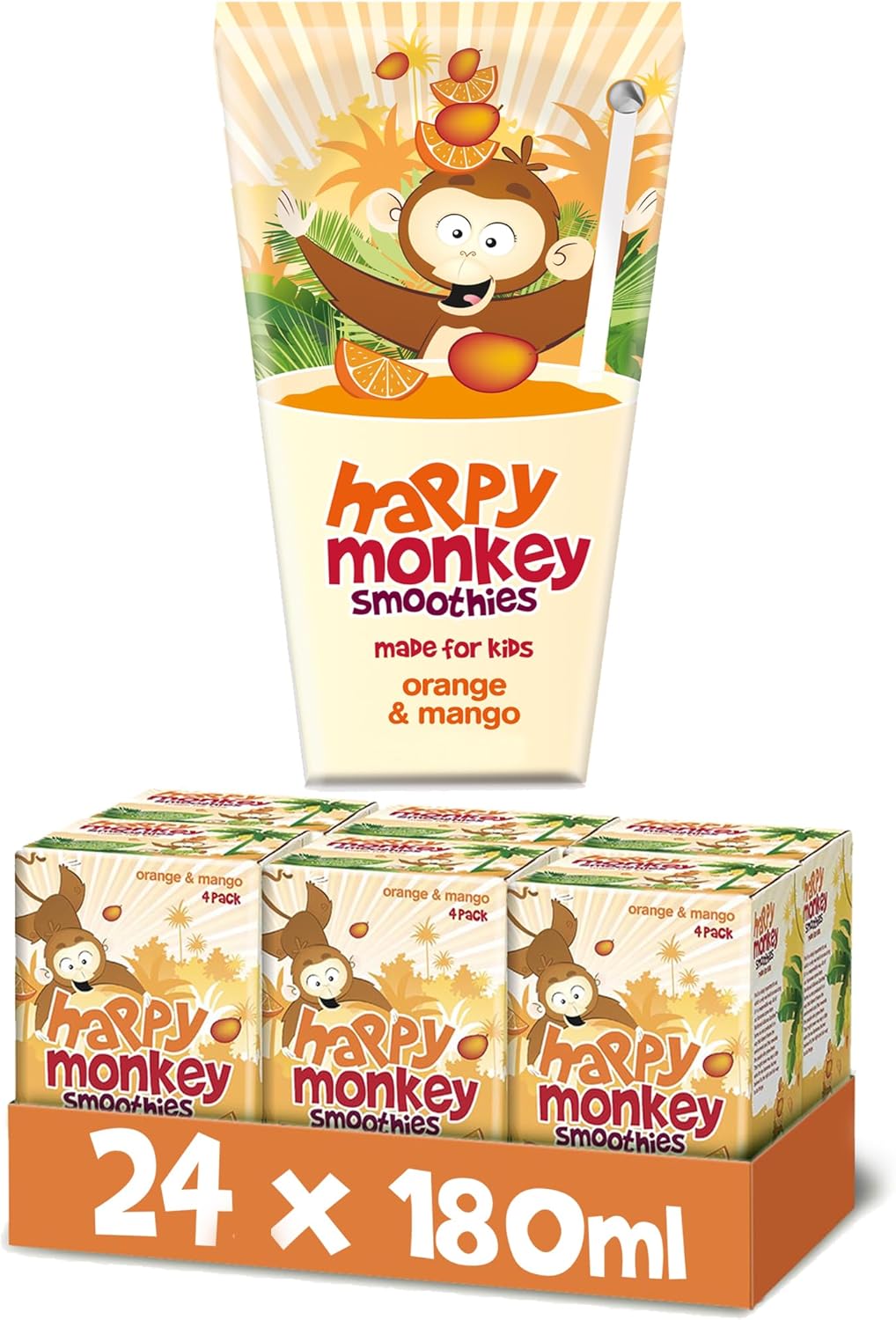 Happy Monkey Smoothies (Orange & Mango 24 x 180ml), 100% pure fruit smoothies, no added sugar, 1 ...