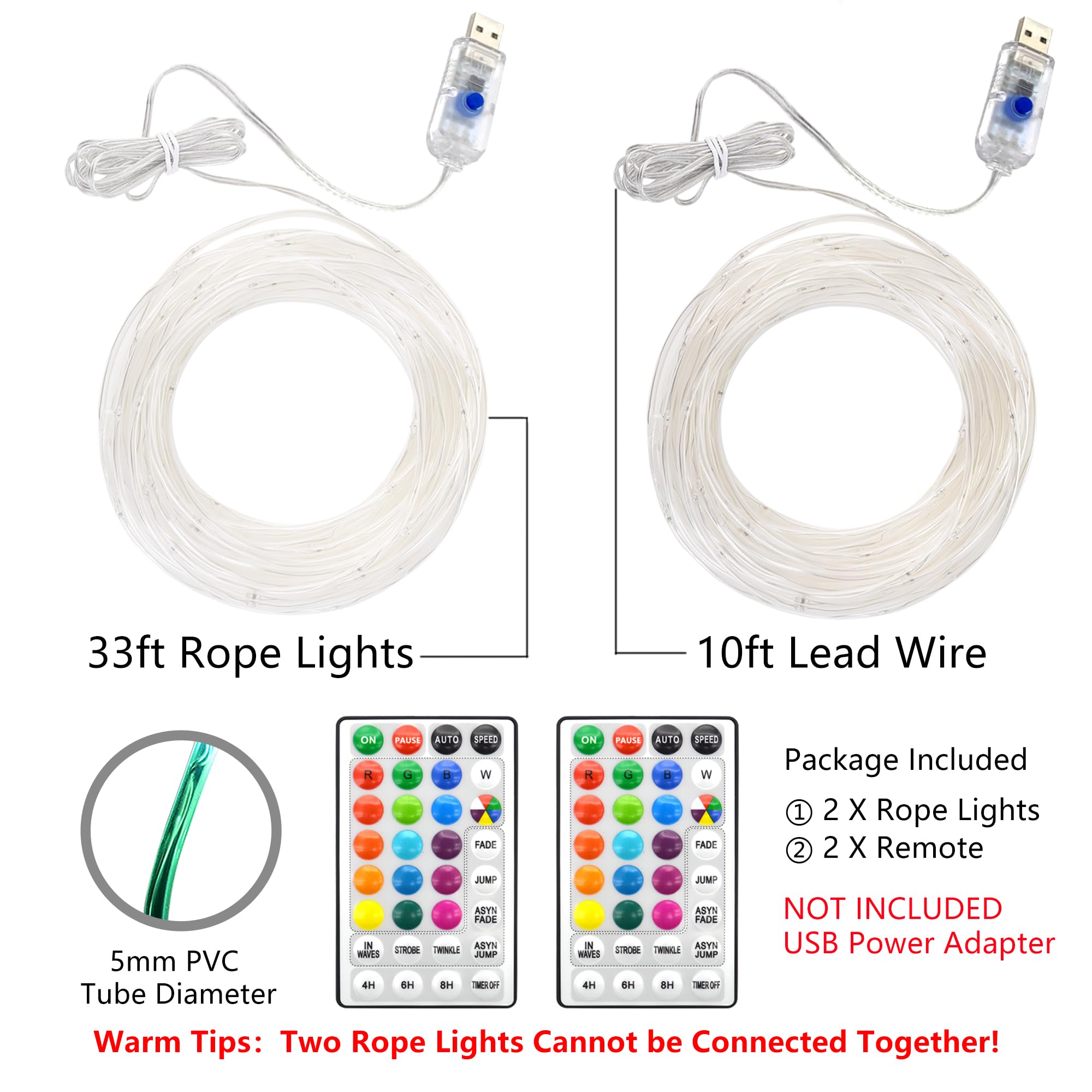 GLPE LED Rope Lights with USB Powered, 2 Pack X 33ft 100 LEDs Rope ...