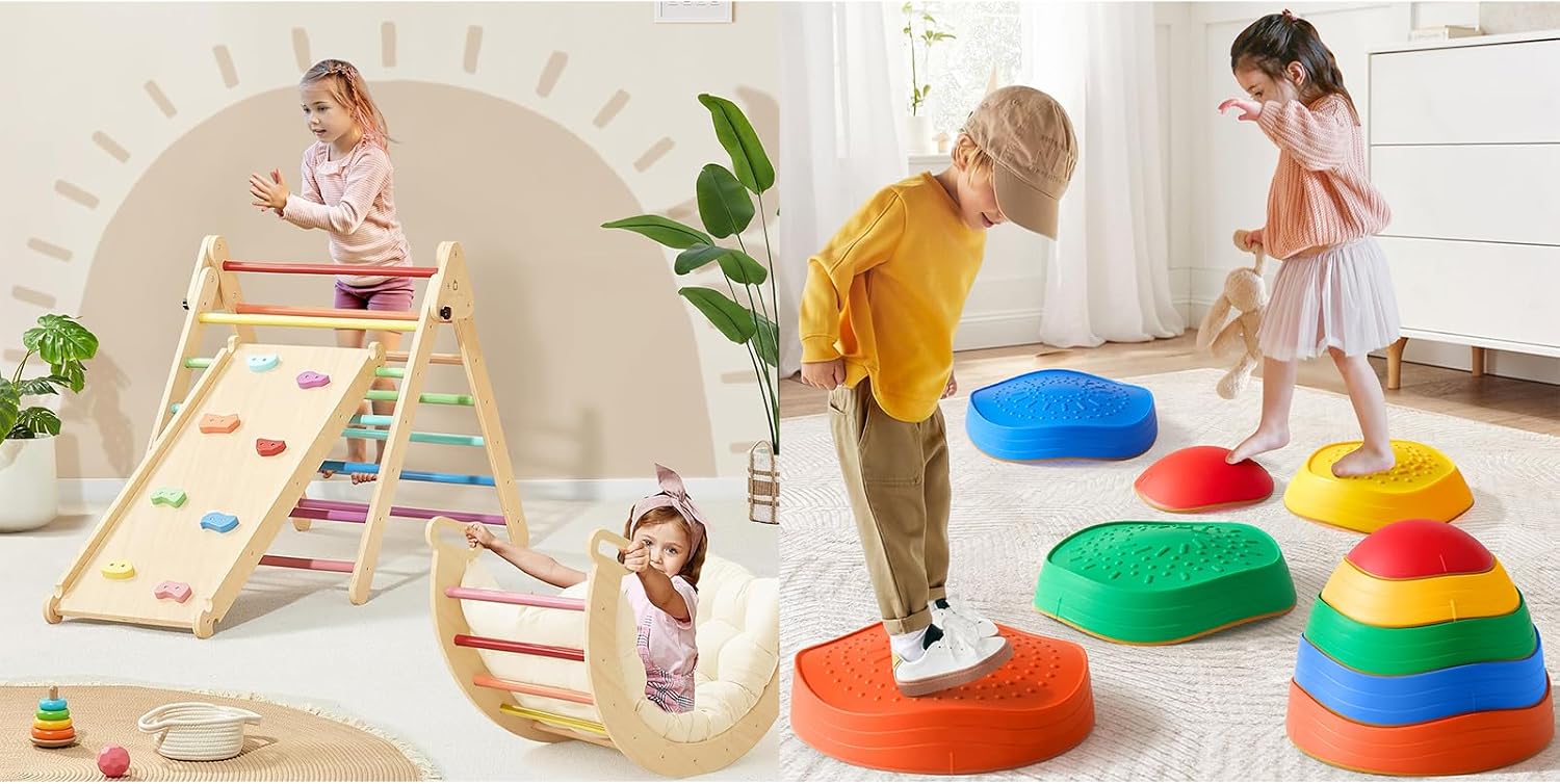 Amazon.com: Tiny Land 5-in-1 Rainbow Pikler Triangle Set & Rainbow ...