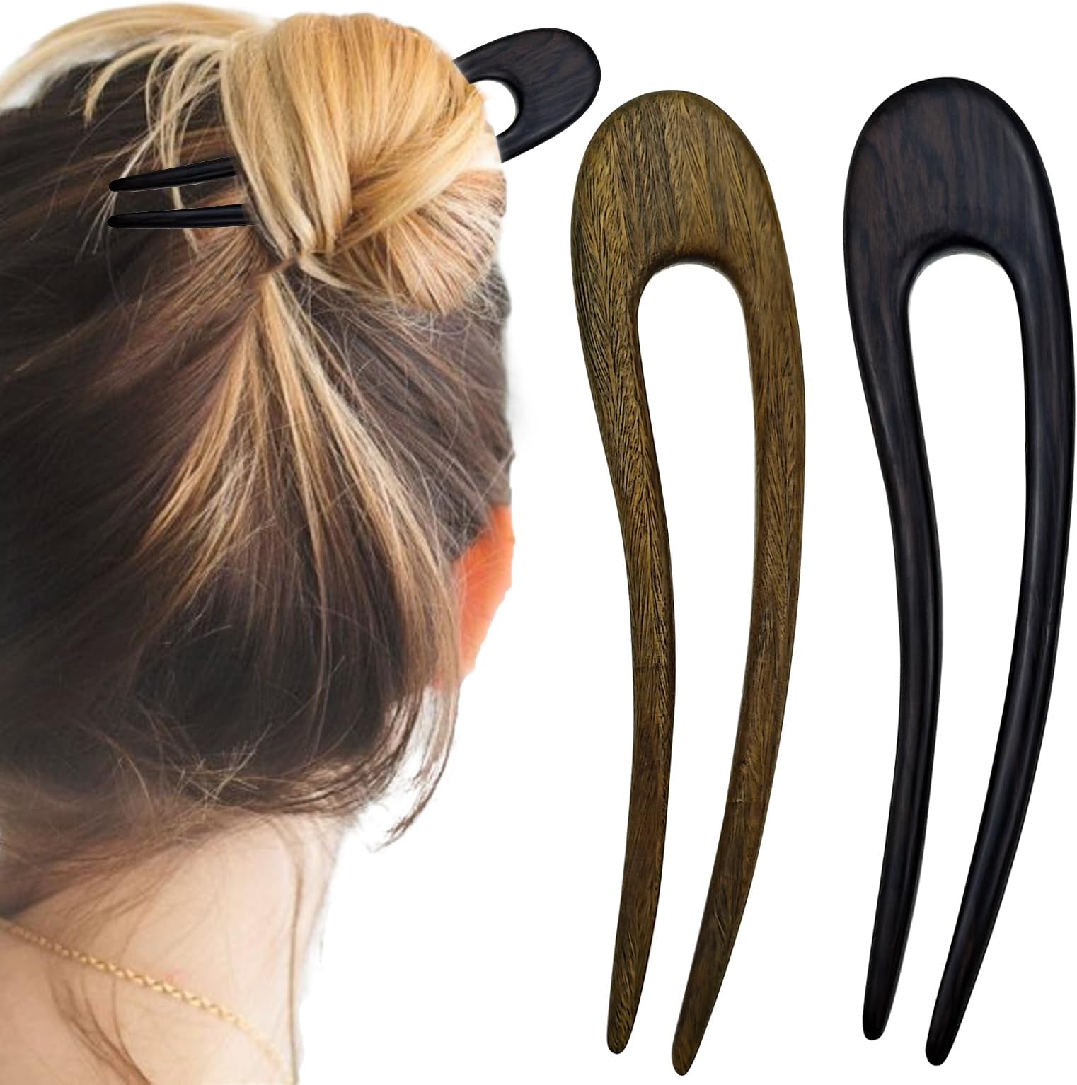 Amazon.com : 2 PACK Wooden Hair Forks, U Shaped Hair Pins for Buns ...
