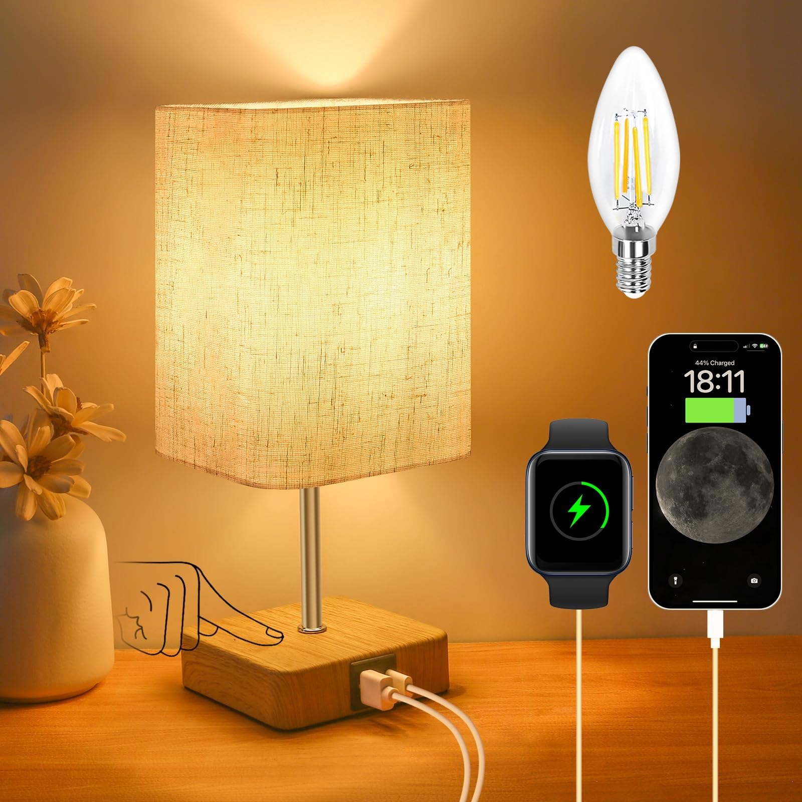 Touch Bedside Table Lamp,Dimmable Touch Control Nightstand Lamps with ...