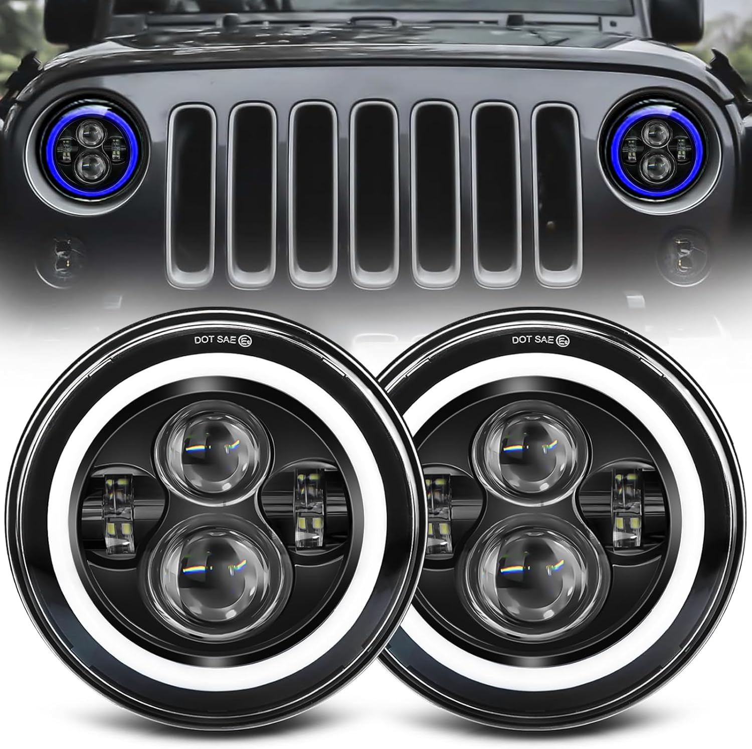 Amazon.com: 7 inch Led Headlights Round Blue Halo led H6024 Headlight ...