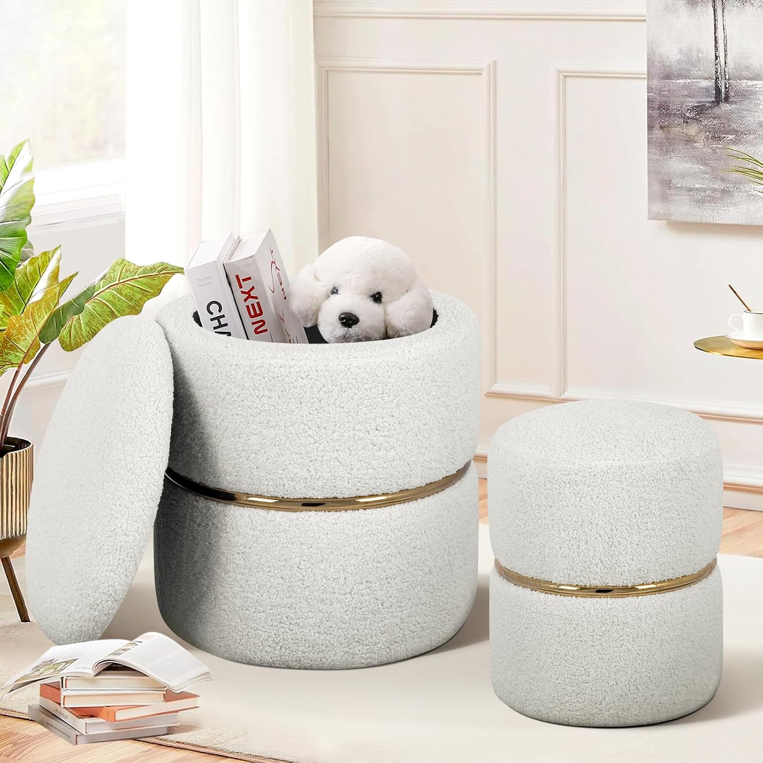 Amazon.com: Furniliving Round Storage Ottoman Set of 2, Modern Sherpa ...
