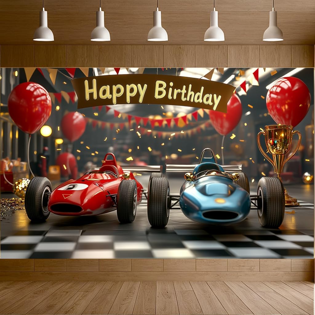 Amazon.com: Racing Car Happy Birthday Banner Decorations Red Blue Race ...