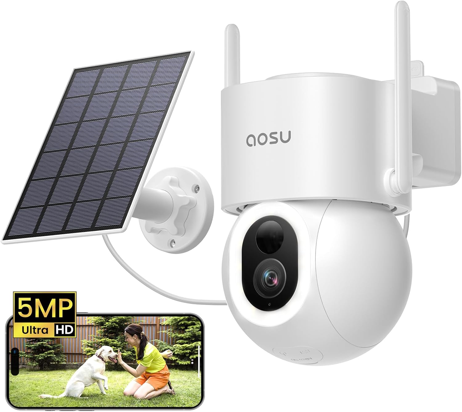 AOSU 3K 5MP Caméra Surveillance WiFi Extérieur sans Fil, Panneau ...