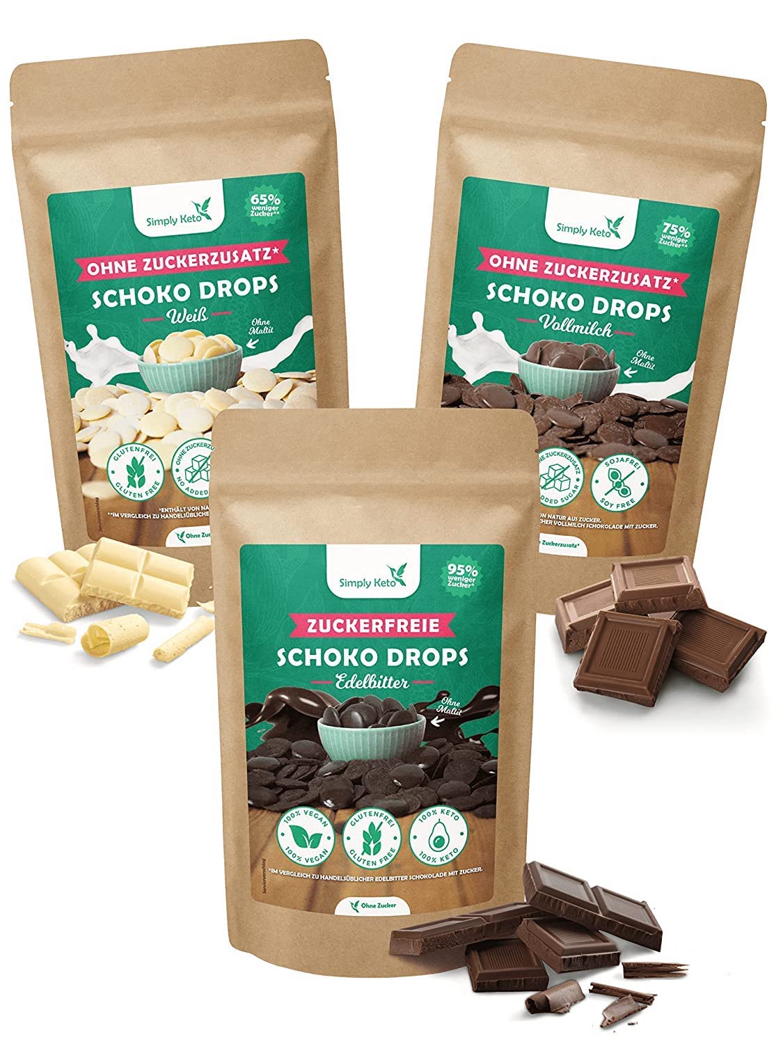 Simply Keto Lower Carb* Schokodrops ohne Zuckerzusatz (3x200g) - Weiße ...