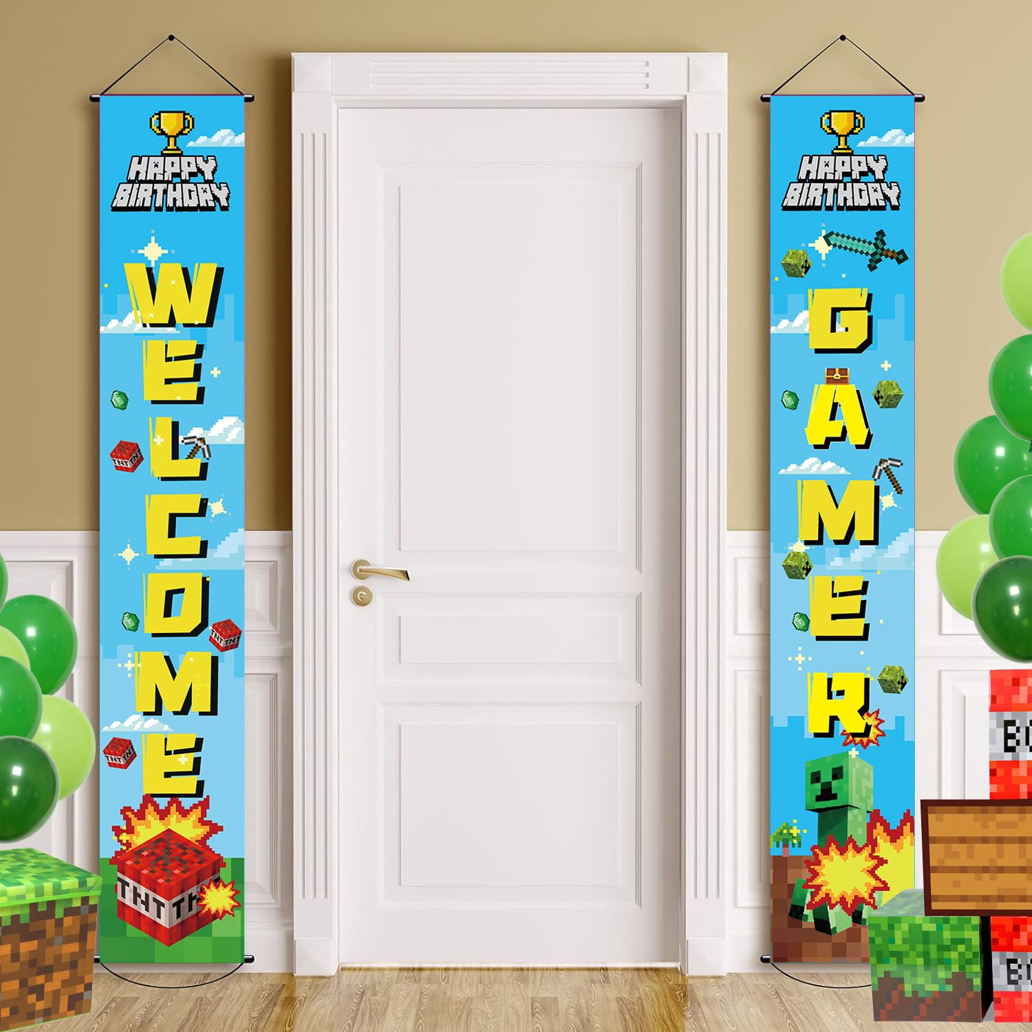 Amazon.com: Miner Pixel Party Decorations, Pixelated Porch Banner ...