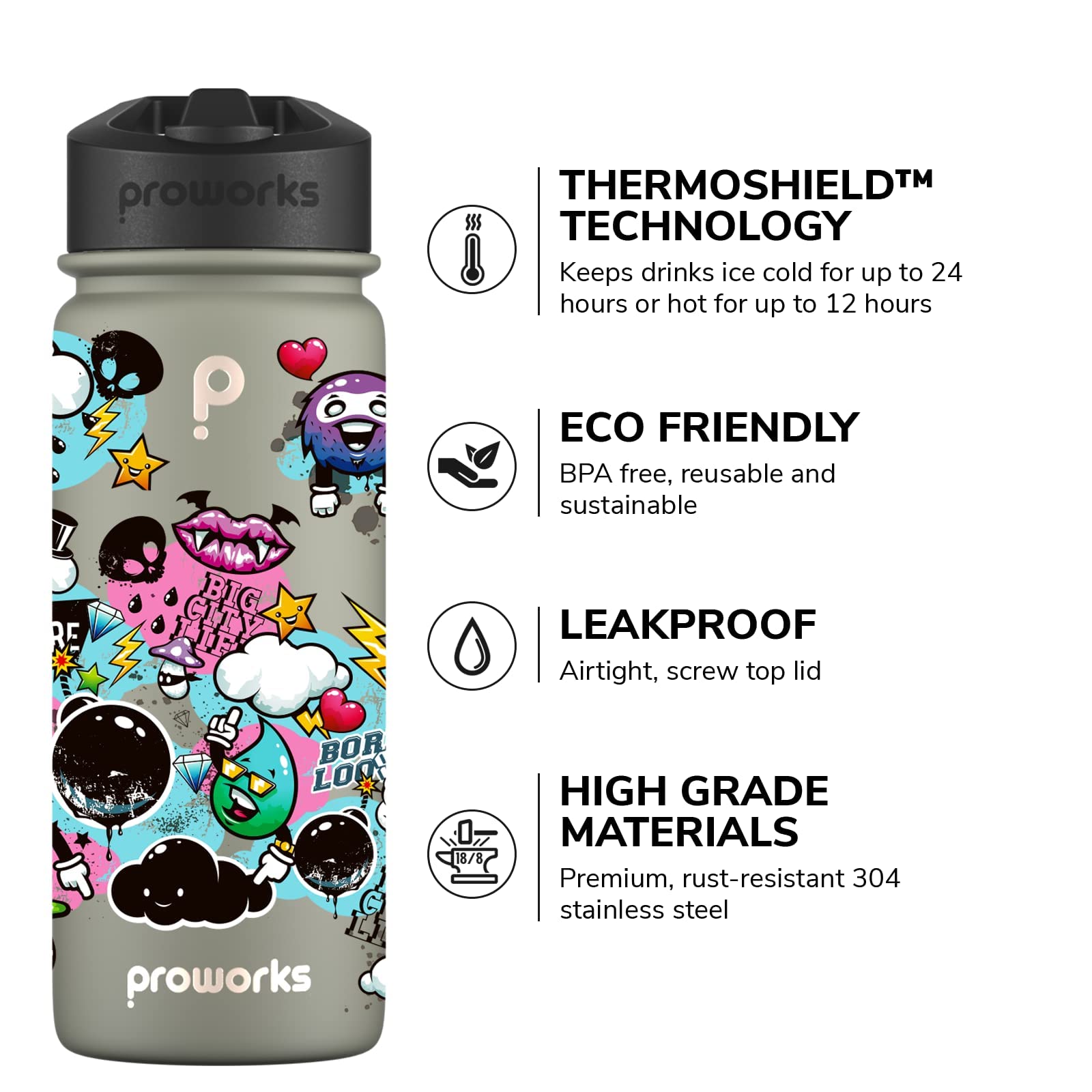 Proworks Gen 2 Insulated Water Bottles with Straw Lid | 540ml Stainless ...