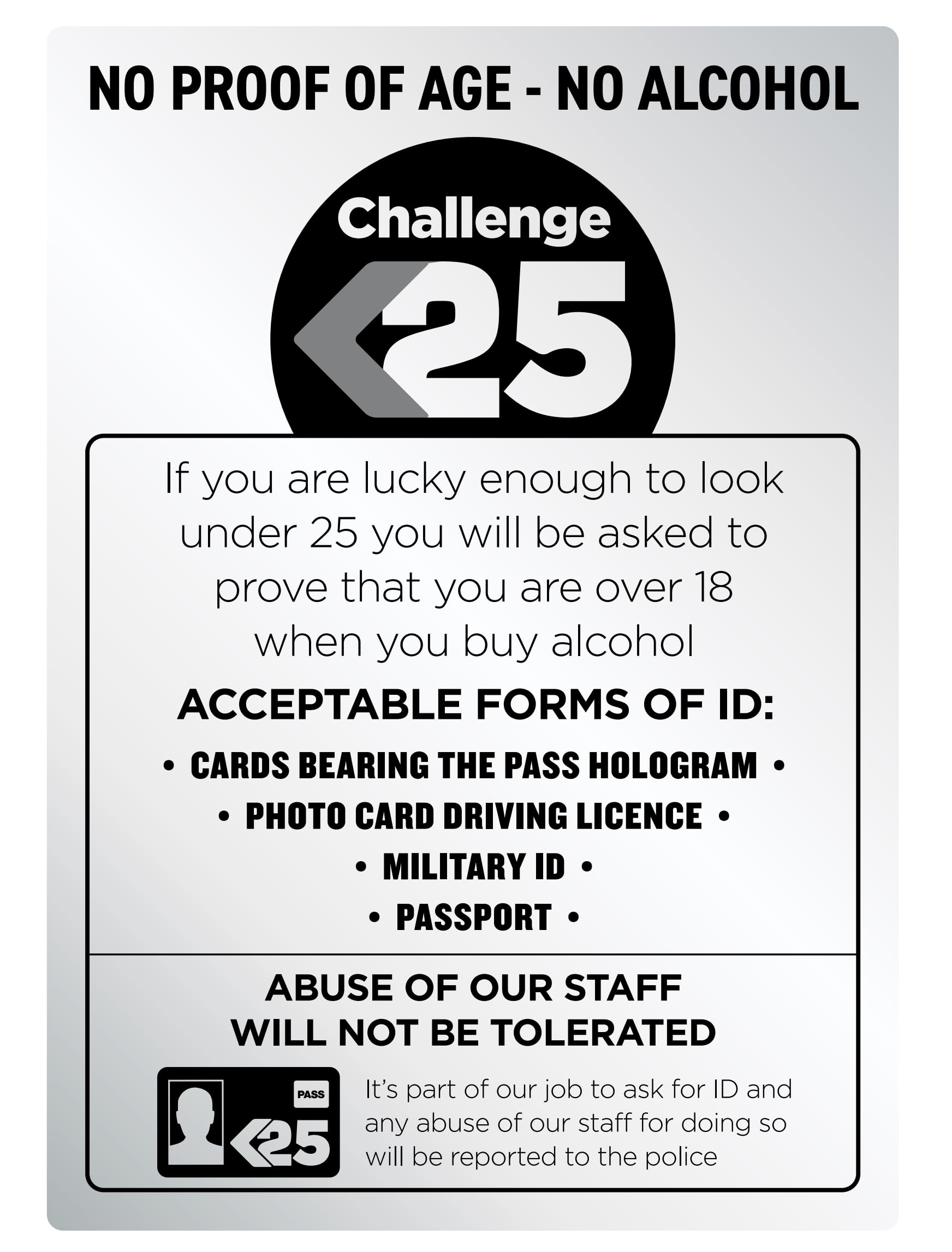 Challenge 25 Sign Silver A4 297 x 210mm Alcohol Law Sign Pub Bar ...