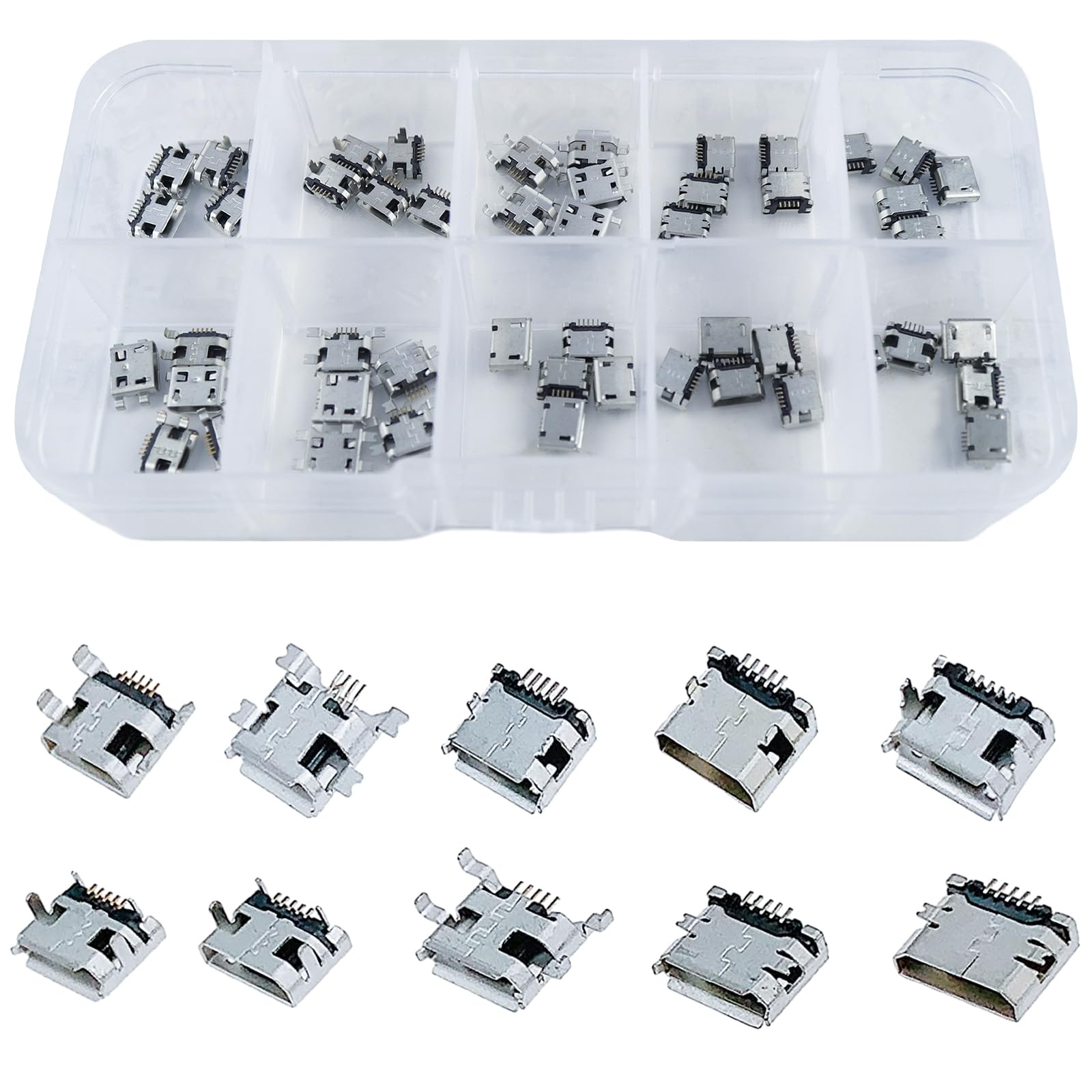 Rierousy 50 Stück Micro USB Buchse Stecker, 5-Pin DIP 180 Grad 10 ...