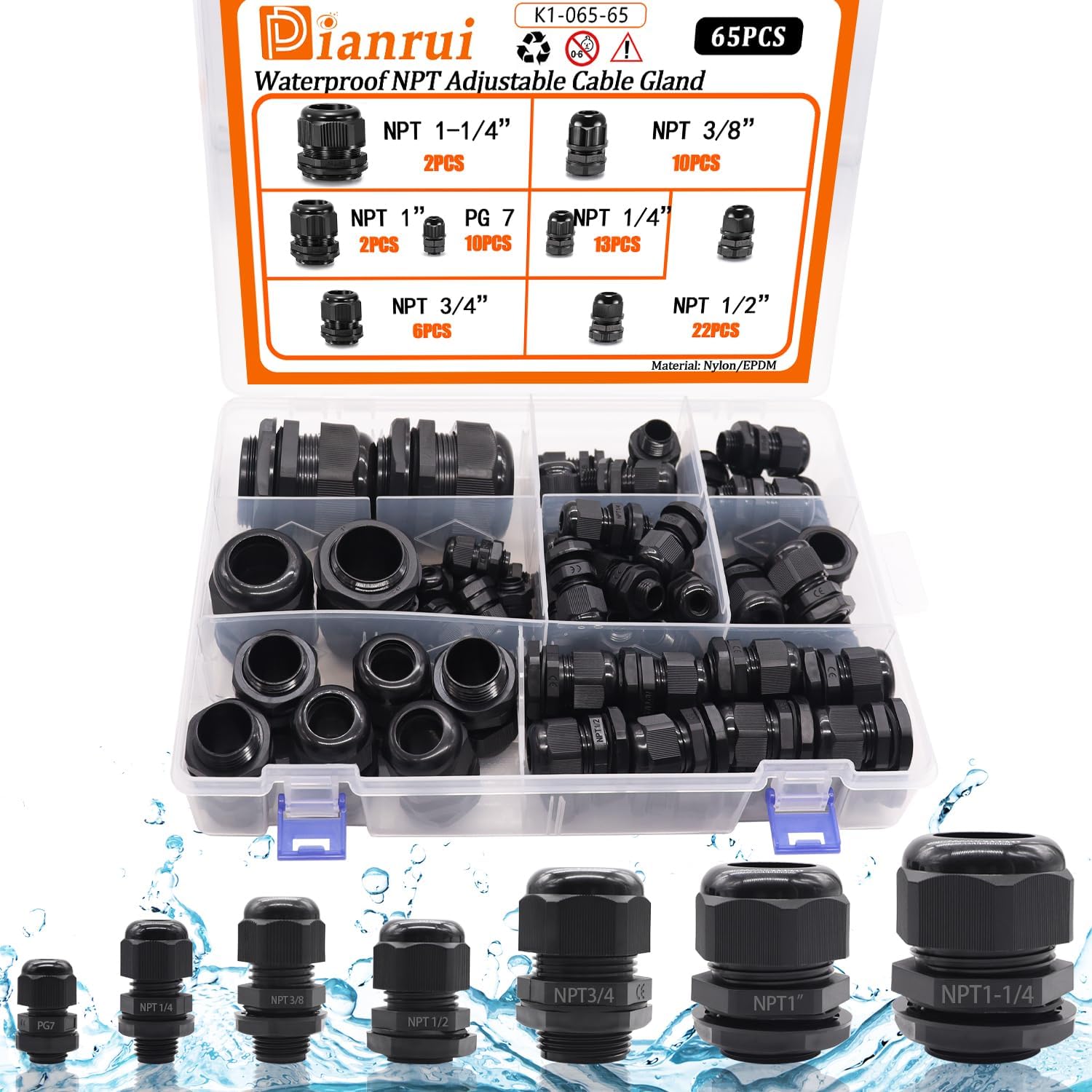 Generic 25 pcs 1/4"" IP68 Strain Relief Nylon Cord Grip NPT Cable ...