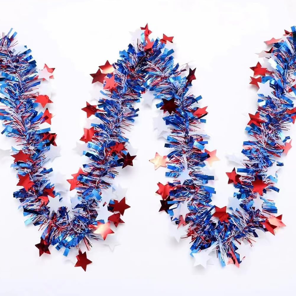 Amazon.com: 4th of July Red White Blue Star Tinsel Garland - 66 Ft Memorial Day Patriotic ...