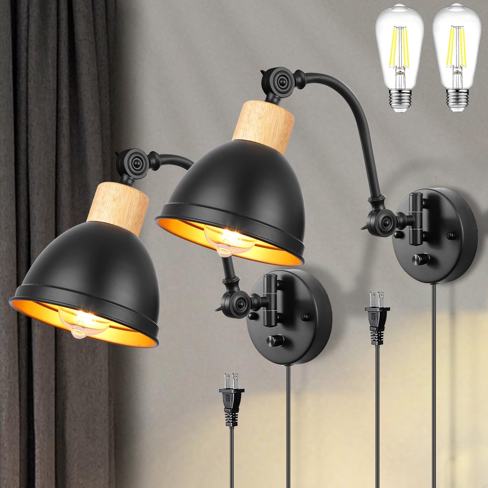 QianZhan Black Plug in Wall Sconces Set of 2, Wood Swing Arm Wall ...