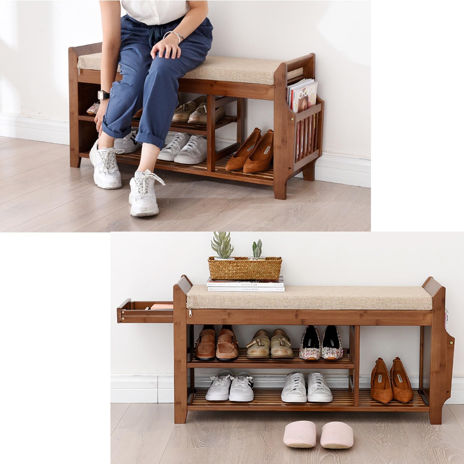 Bamboo Shoe Rack Bench, Shoe Bench with Storage Drawer, Small Shoe ...
