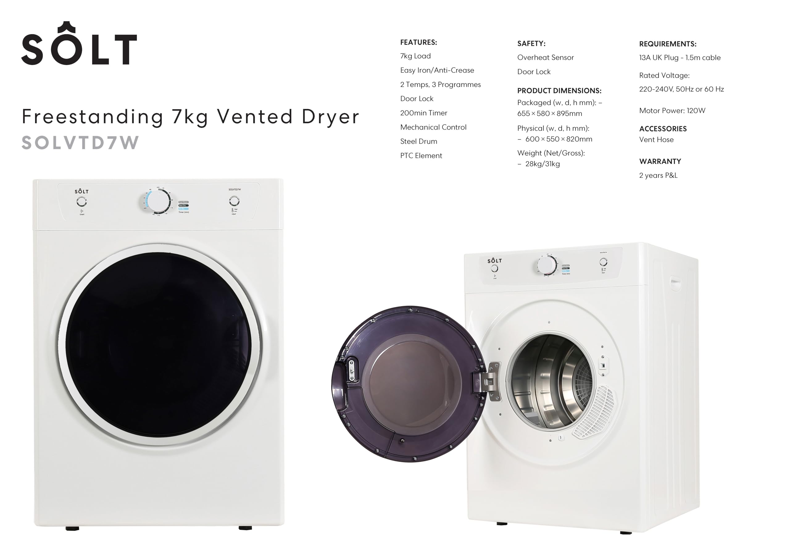 Solt SOLVTD7W Vented Tumble Dryer, 7 kg Capacity, 85 cm x 54 cm, White ...