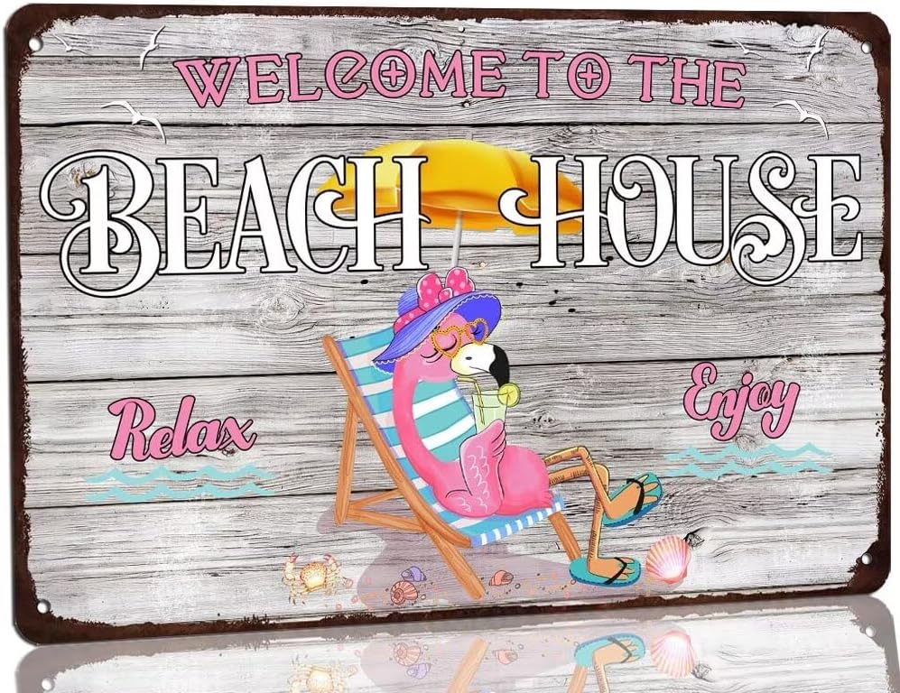 Amazon.com: KanaAt Welcome To The Beach House Metal Tin Sign Flamingo ...