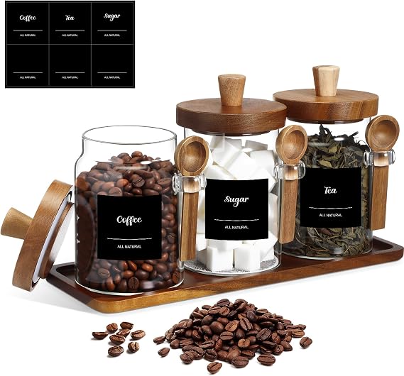 Amazon.com: Suclain 3 Pcs Glass Coffee Container with Wooden Lid Spoon ...