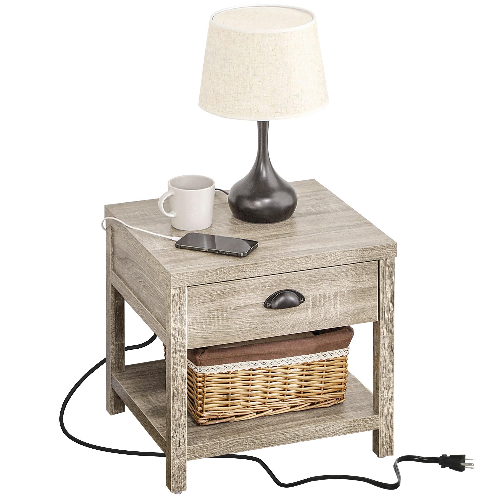 HOMCOM Nightstand with Charging Station, 2 USB Ports and 2 Outlets ...