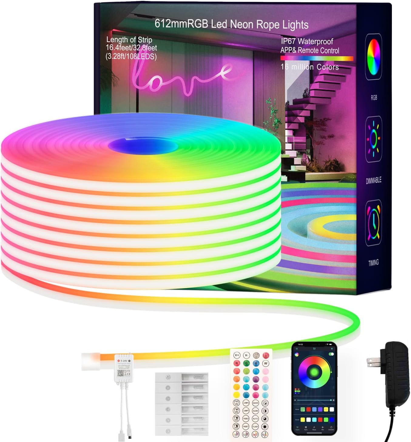 Amazon.com: Adgemur Neon Rope Lights, 65.6FT, RGB LED Strip Lights, App ...