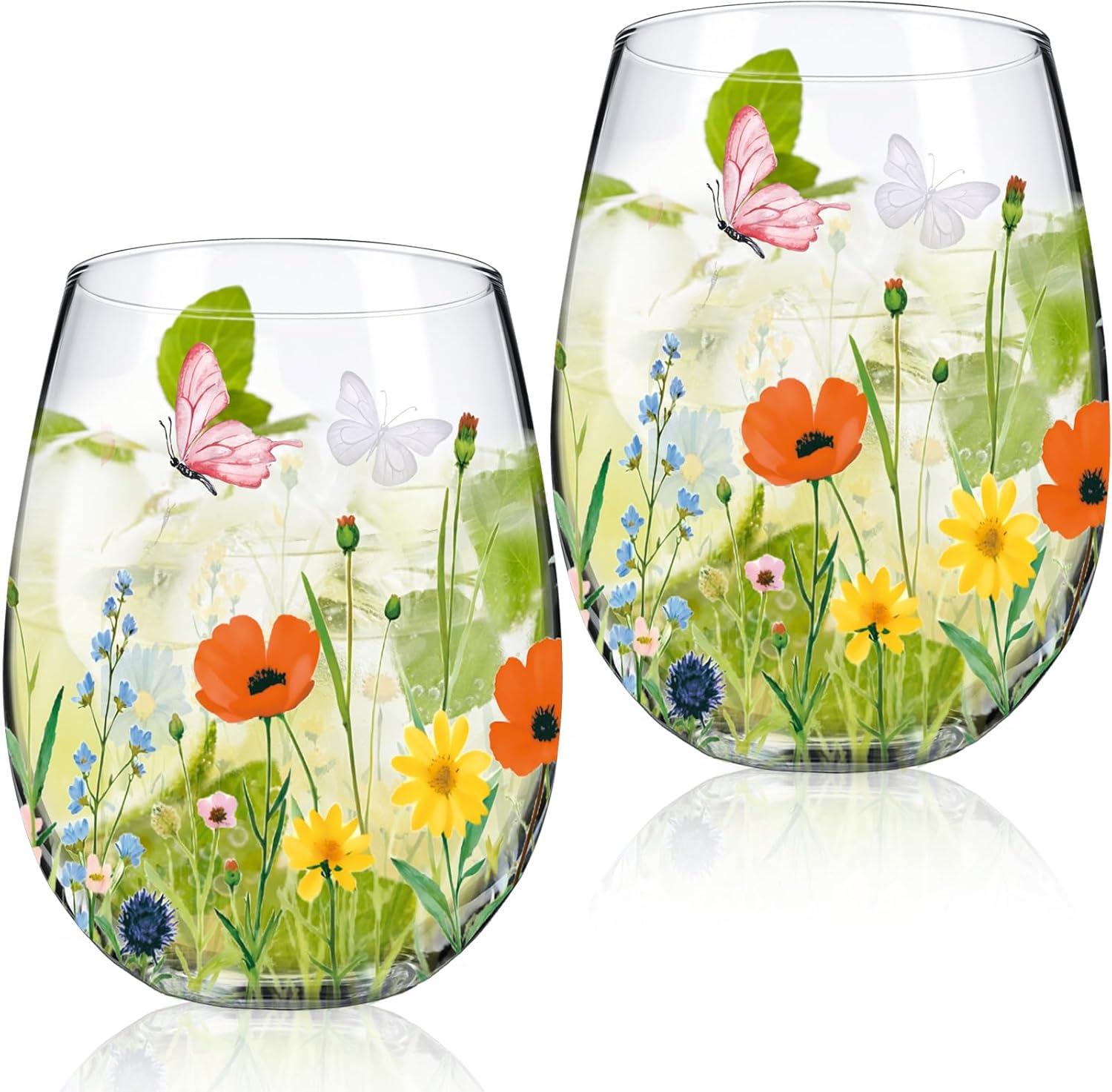 Amazon.com | Sliner 2 Pack 17oz Wildflower Stemless Wine Glasses Floral ...