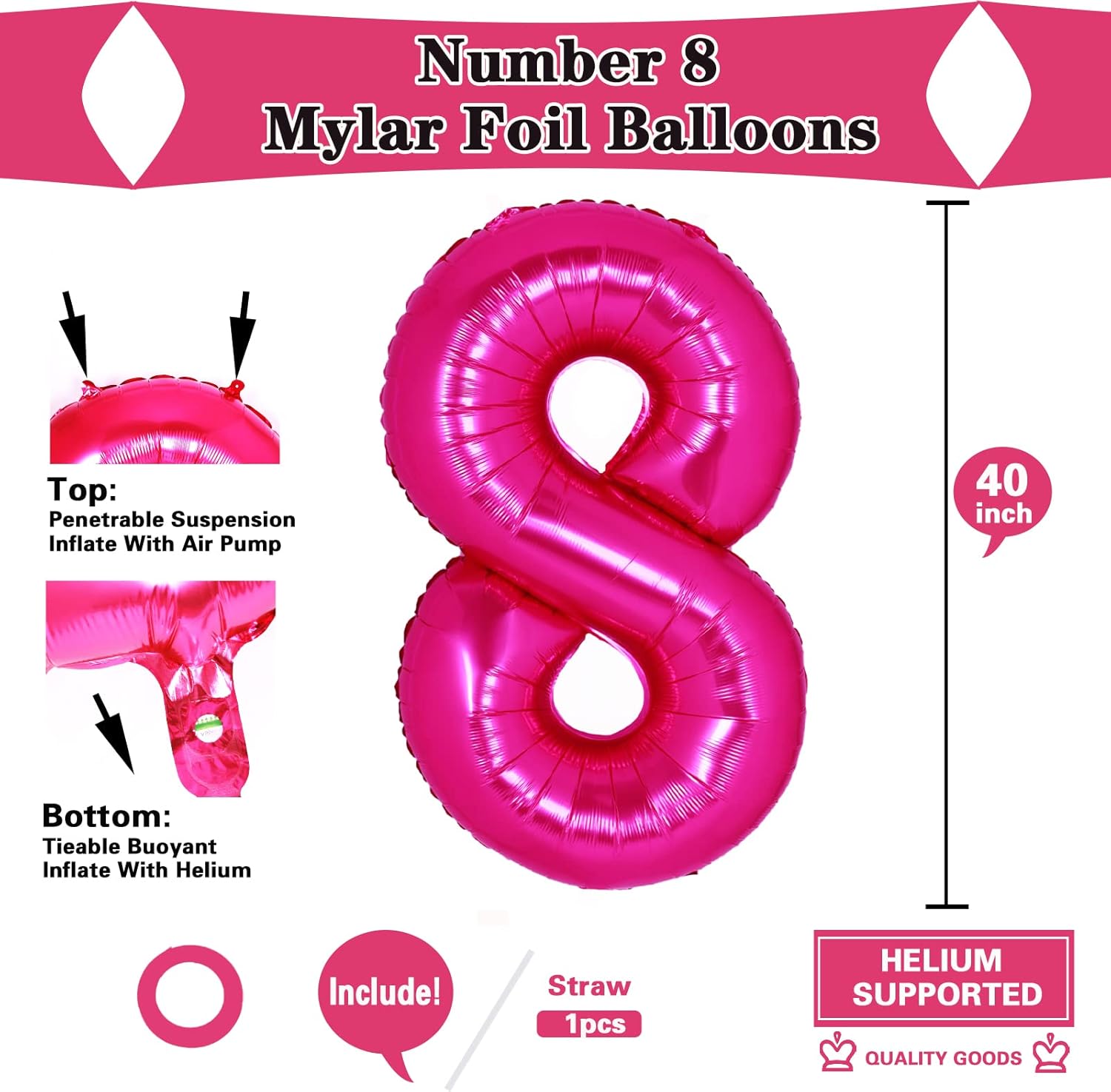 Giant 40 Inch Hot Pink Number 8 Balloon 8th Birthday Balloon Helium 8 ...