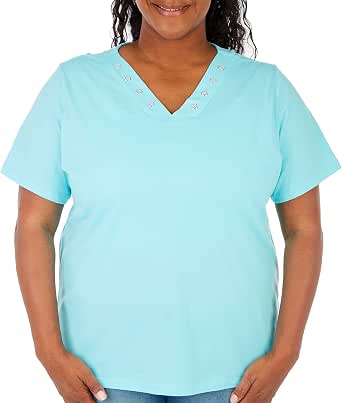 Coral Bay Plus Solid Grommet V-Neck Short Sleeve Top 1X Aqua at Amazon ...