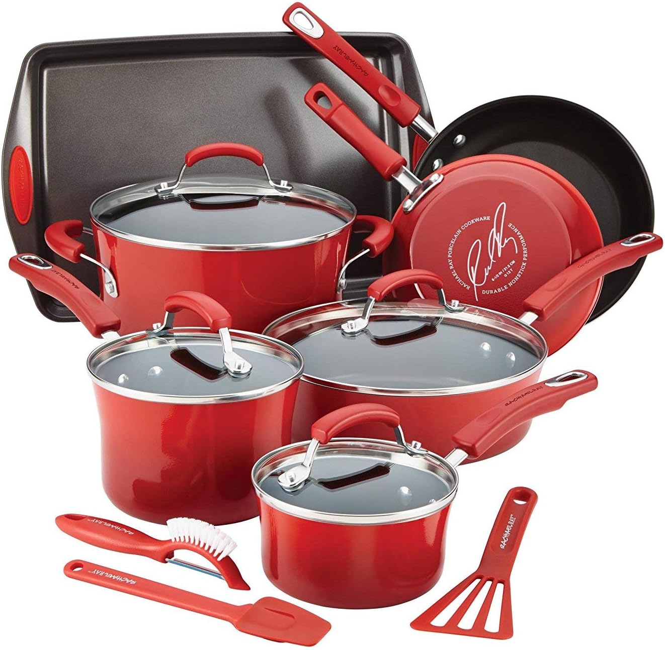 Amazon.com: Rachael Ray Hard Enamel Nonstick Cookware Set, 14-pc - Red ...